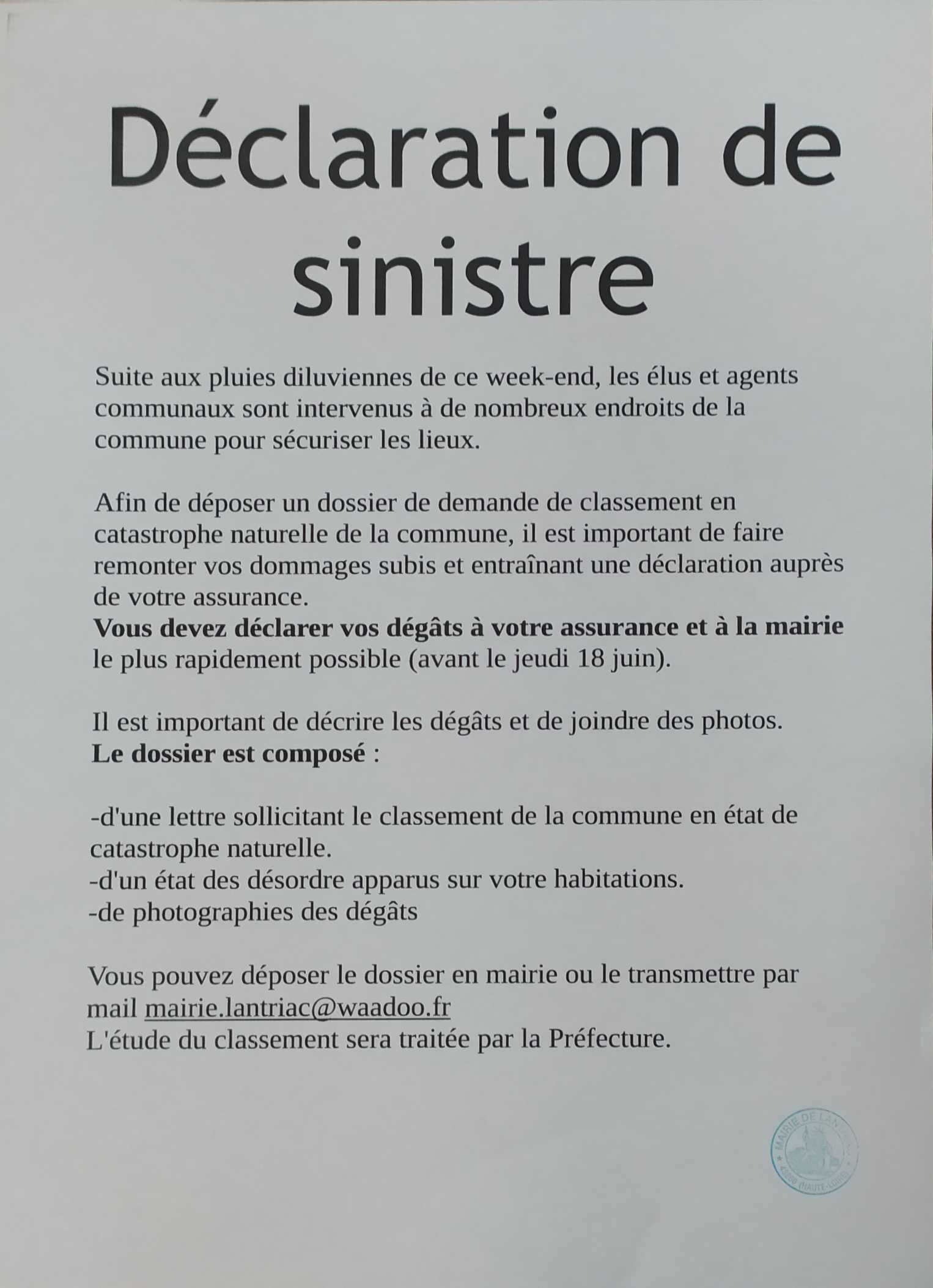 Declaration de sinistre